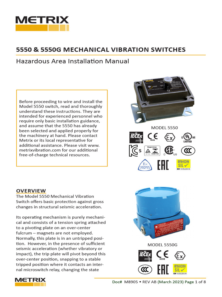 Metrix 5550 Mechanical Vibration Switch Manual | PDF | Switch | Relay
