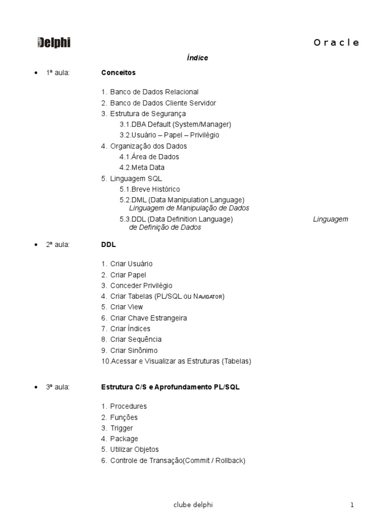 Apostila de Oracle (Clube Delphi) | PDF | PL/SQL | SQL