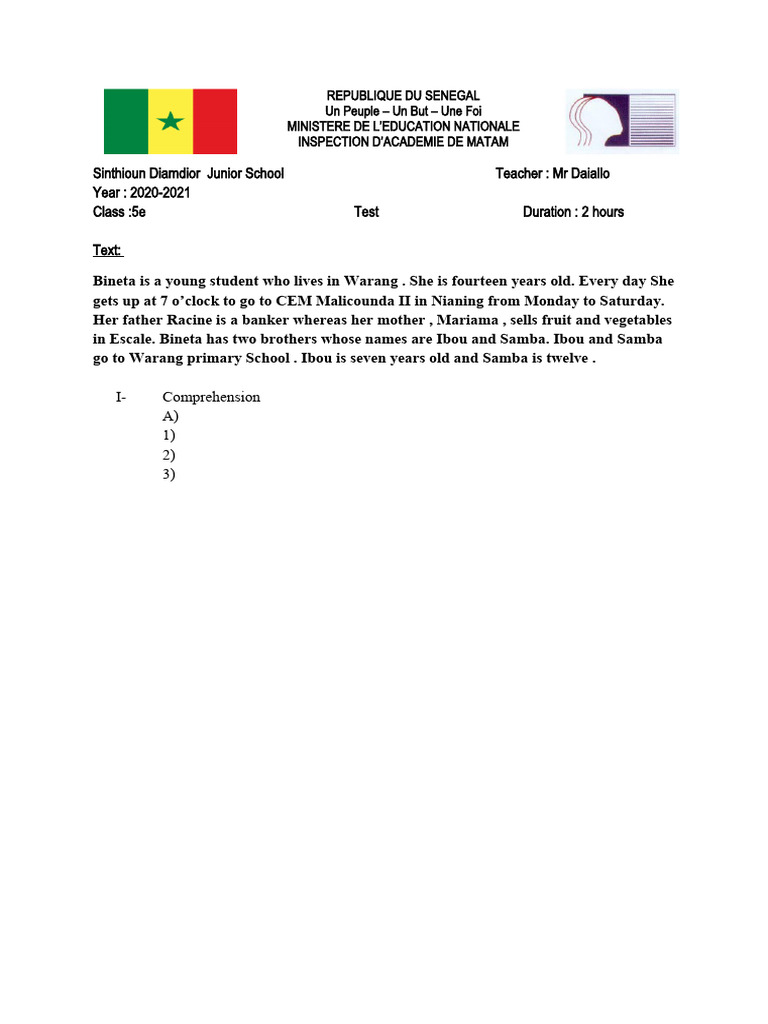 Devoir Anglais Diallo 5e | PDF