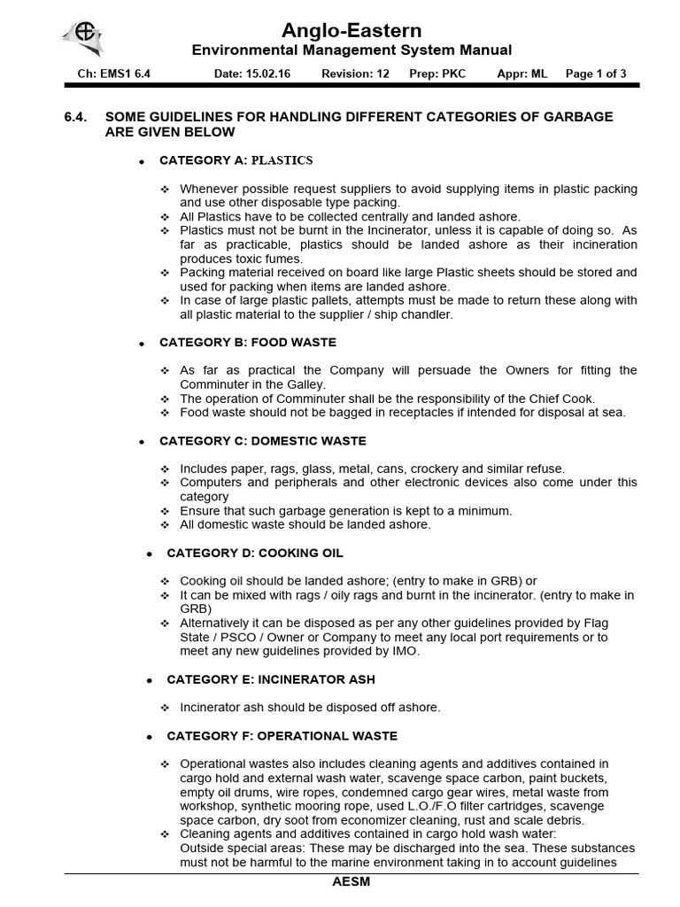 Garbage Disposal Guidelines for Vessels | PDF | Waste | Plastic