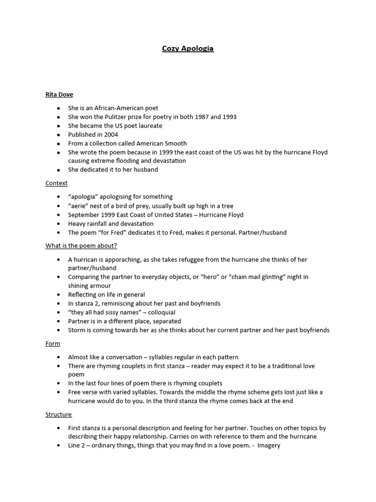 Analyzing Rita Dove's Cozy Apologia | PDF | Poetry | Rhyme