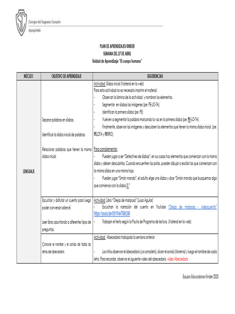 Plan de Aprendizaje KINDER Semana 4 | PDF | Educación de la primera ...