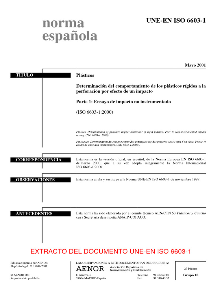 (Ex) Une-En Iso 6603-1 2001 | PDF | El plastico | Deformación (ingeniería)