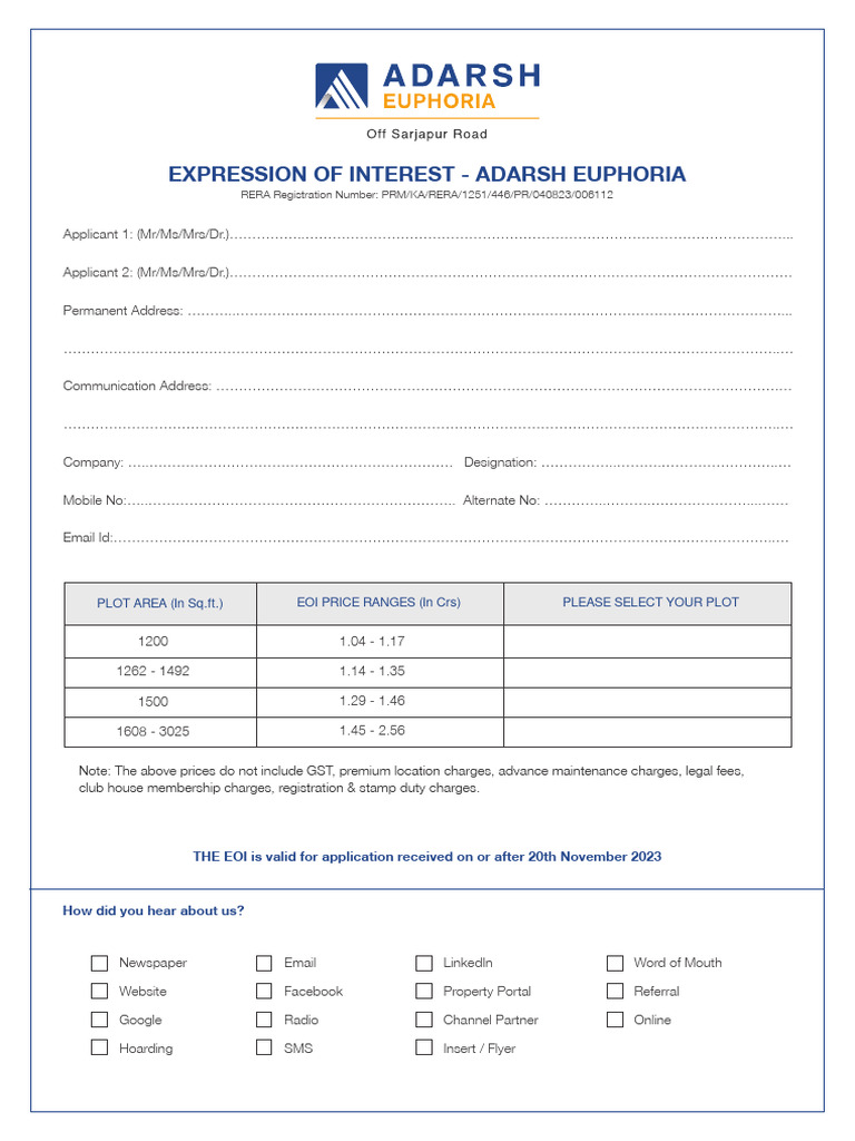 Adarsh Euphoria EOI Form | PDF | Cheque | Business
