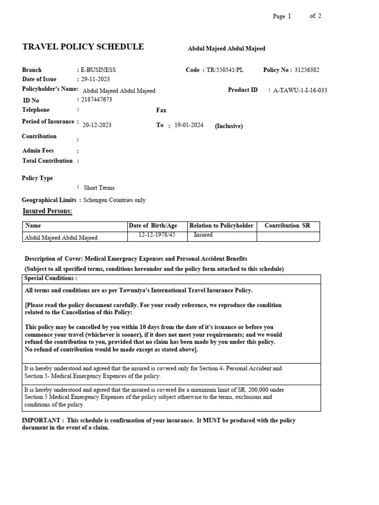 Travel Insurance Policy Schedule 2023 | PDF | Insurance | Government