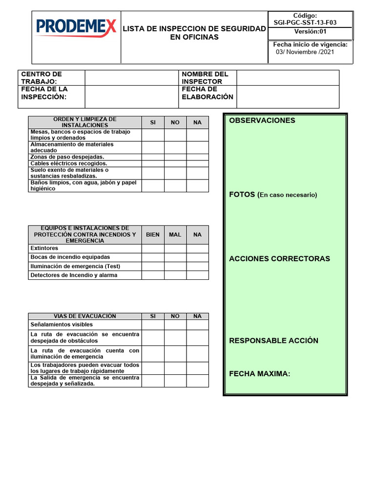 SGI-PGC-SST-13-F03 LISTA DE INSPECION DE SEGURIDAD EN OFICINA REV 01 | PDF | Electricidad ...