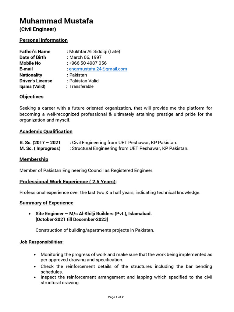 Muhammad Mustafa CV and | PDF | Engineering | Civil Engineering