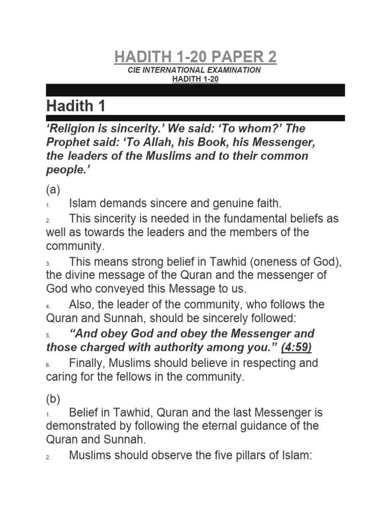 HADITH 1-20 Paper 2 | PDF | Prophets And Messengers In Islam | Hadith