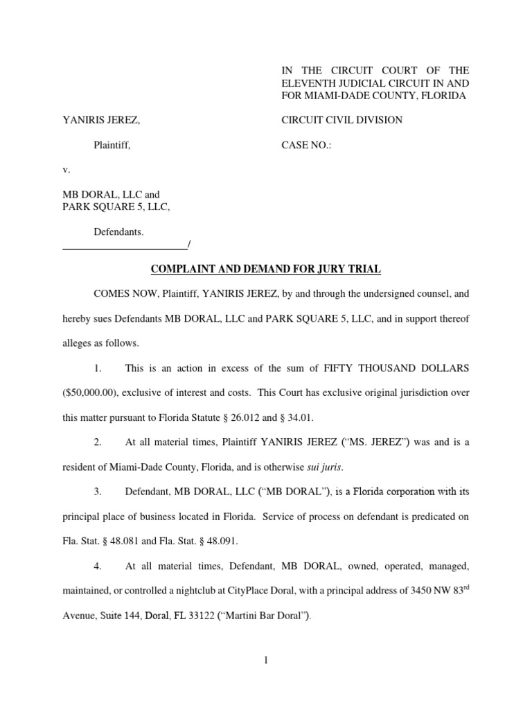 2024 4 18 Complaint Yaniris Jerez | PDF | Duty Of Care | Negligence