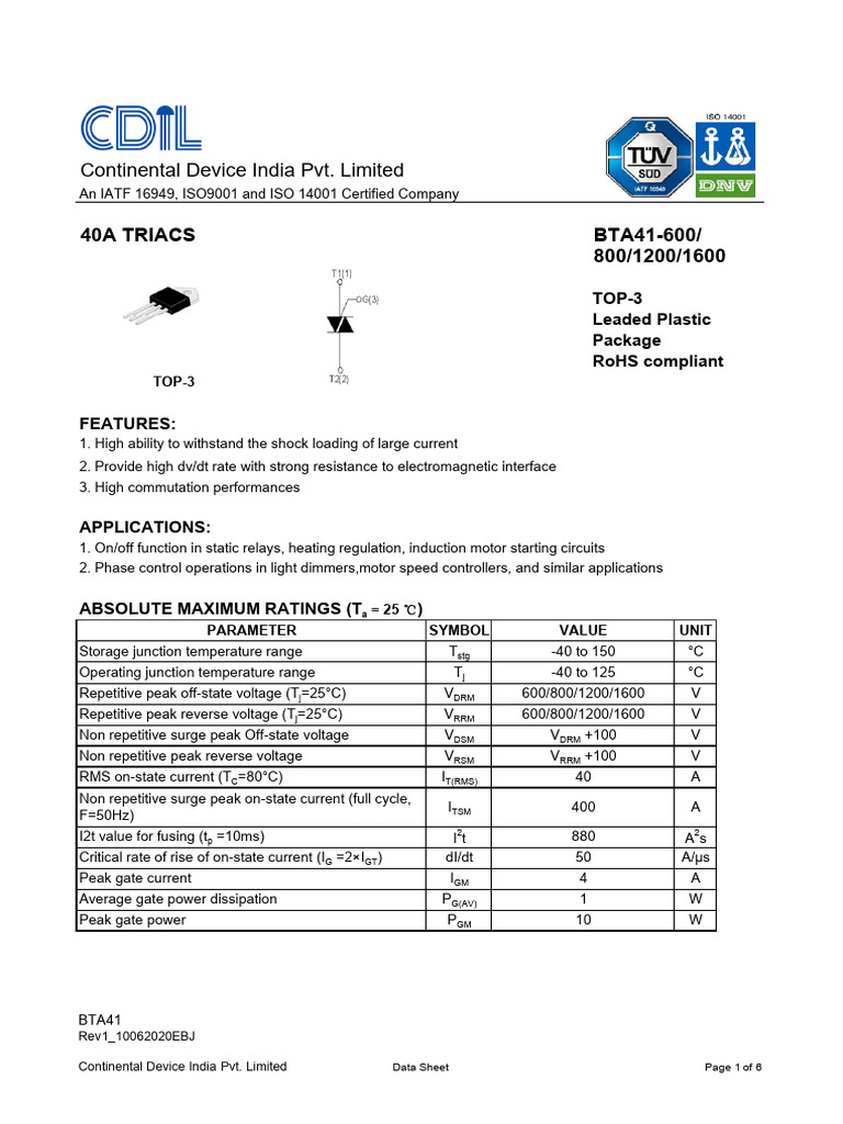 Triak Bta41 600bw 600v 40a Top3 50ma THT Datasheet | PDF | Electronic Engineering | Electrical ...