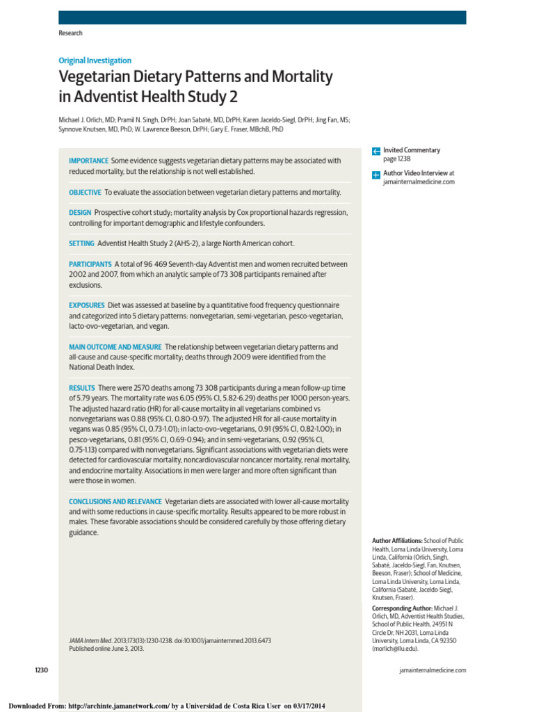 Vegetarian Dietary Patterns and Mortality in Adventist Health Study 2 ...