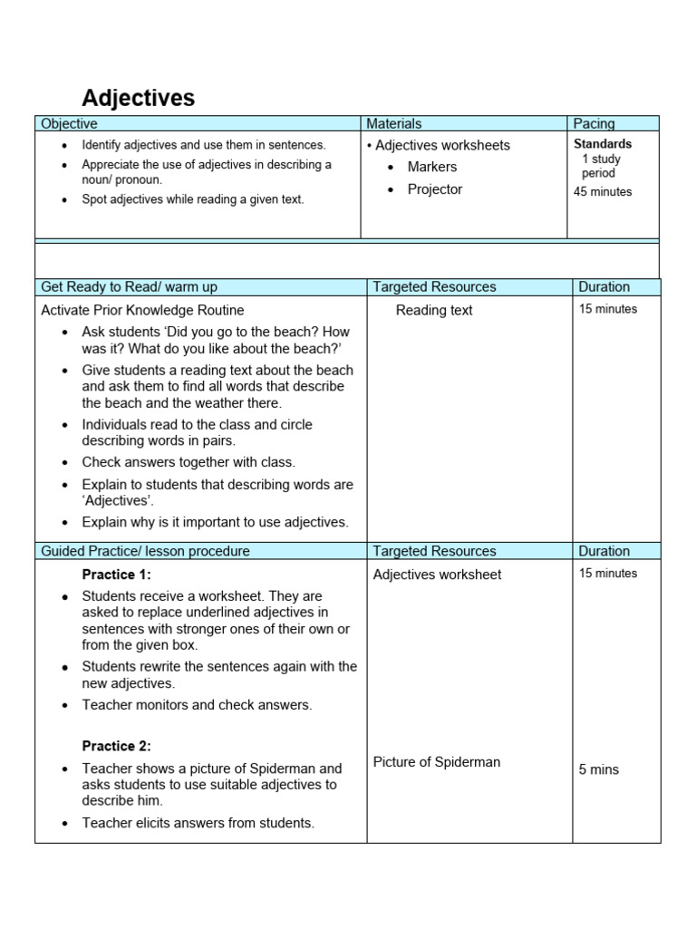 Adjectives Lesson Plan Demo | PDF | Adjective | Morphology