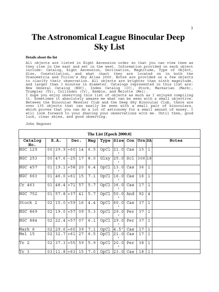 The Astronomical League Binocular Deep Sky List | PDF | Apparent ...