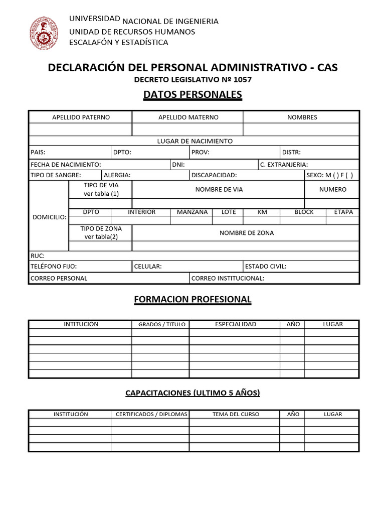 FICHA PERSONAL ADM CAS | PDF