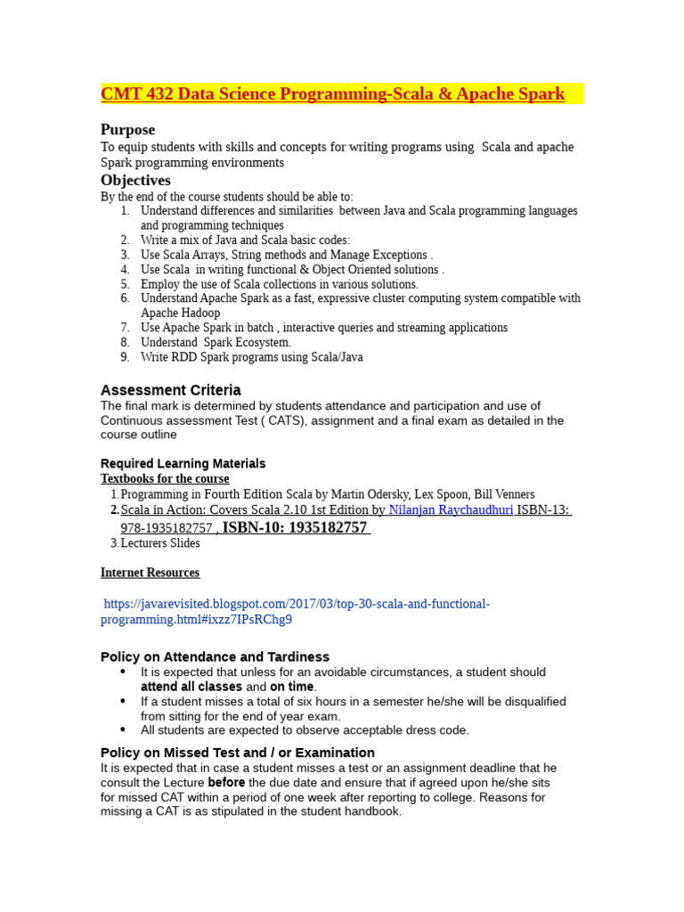 CMT 432 Big Data Science Prgramming Tools - Scala & Apache Spark Outline | PDF | Scala ...
