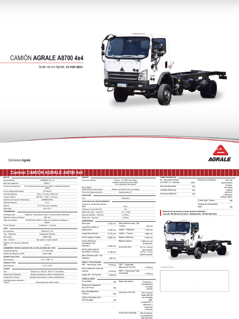 Camión Agrale A8700 4x4 Especificaciones | PDF | Camión | Eje