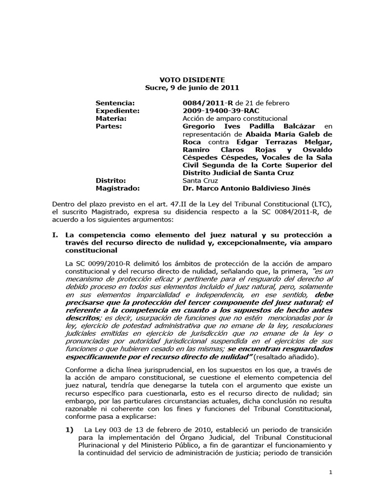 Voto disidente sobre amparo constitucional | PDF | Debido al proceso ...