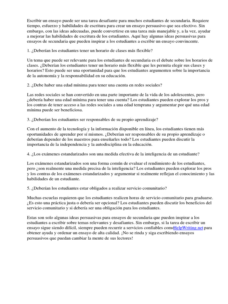 Ideas Persuasivas para Ensayos de Secundaria | PDF | Ensayos ...
