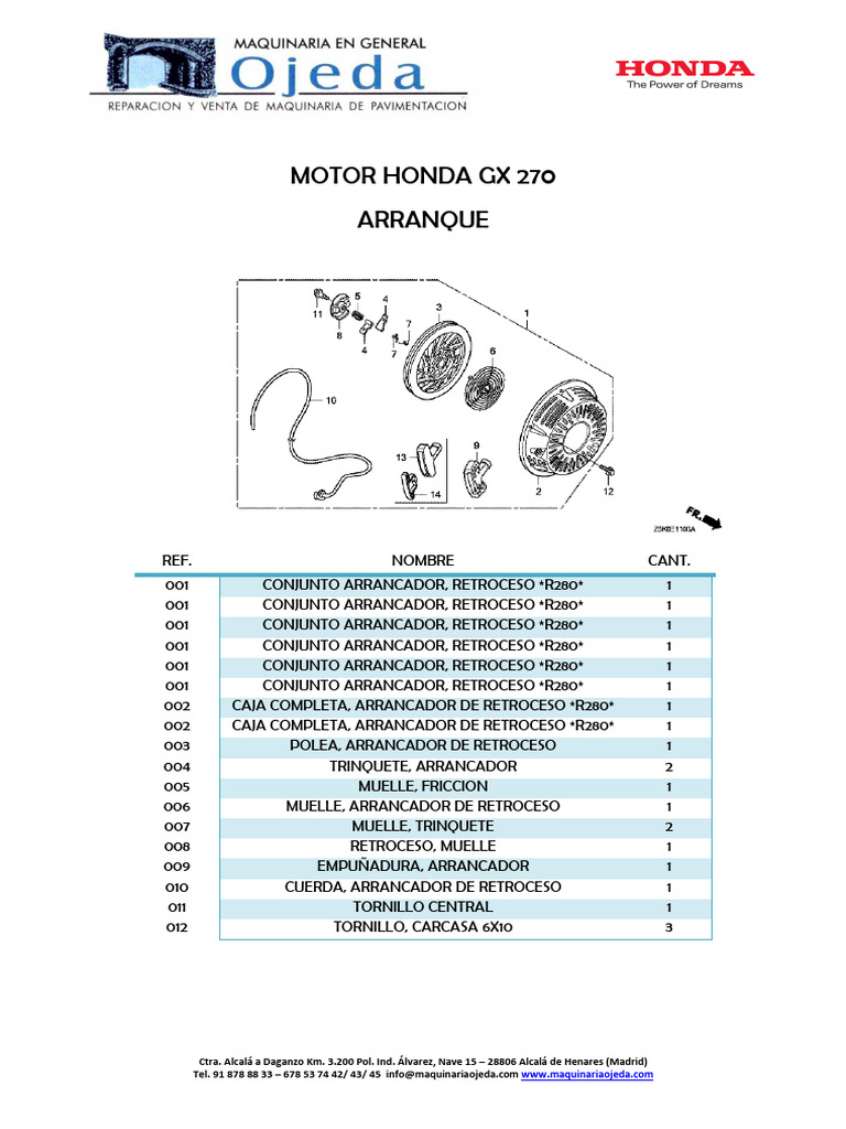Despiece Motor Honda GX270 | Descargar gratis PDF | Ingeniería mecánica | Tecnología del motor