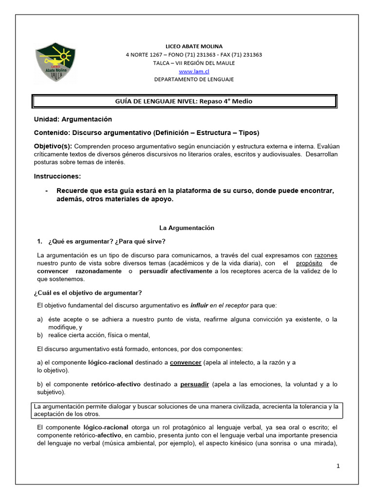 Guía de Lenguaje Nivel: Repaso 4° Medio | PDF | Argumento | Hablar en ...