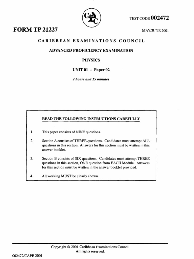 Cape Physics 2001 U1 p2 | PDF