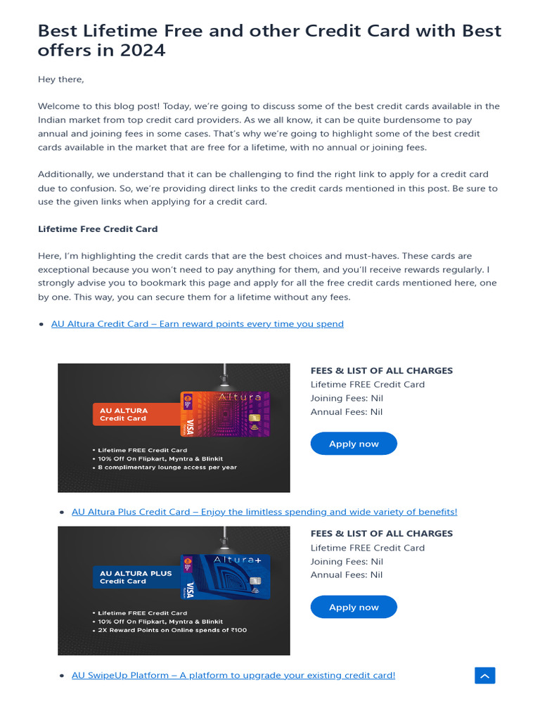 Best Lifetime Free Credit Cards in India | PDF | Credit Card | Fee
