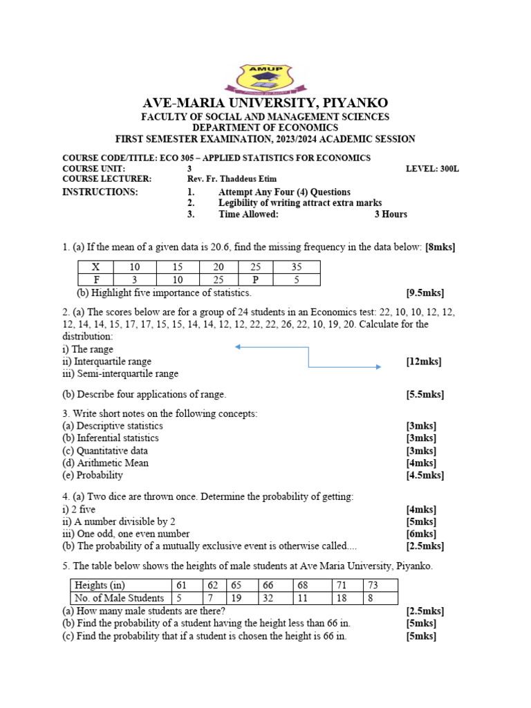 Eco 305 Examination 2024 | PDF | Statistics | Mean