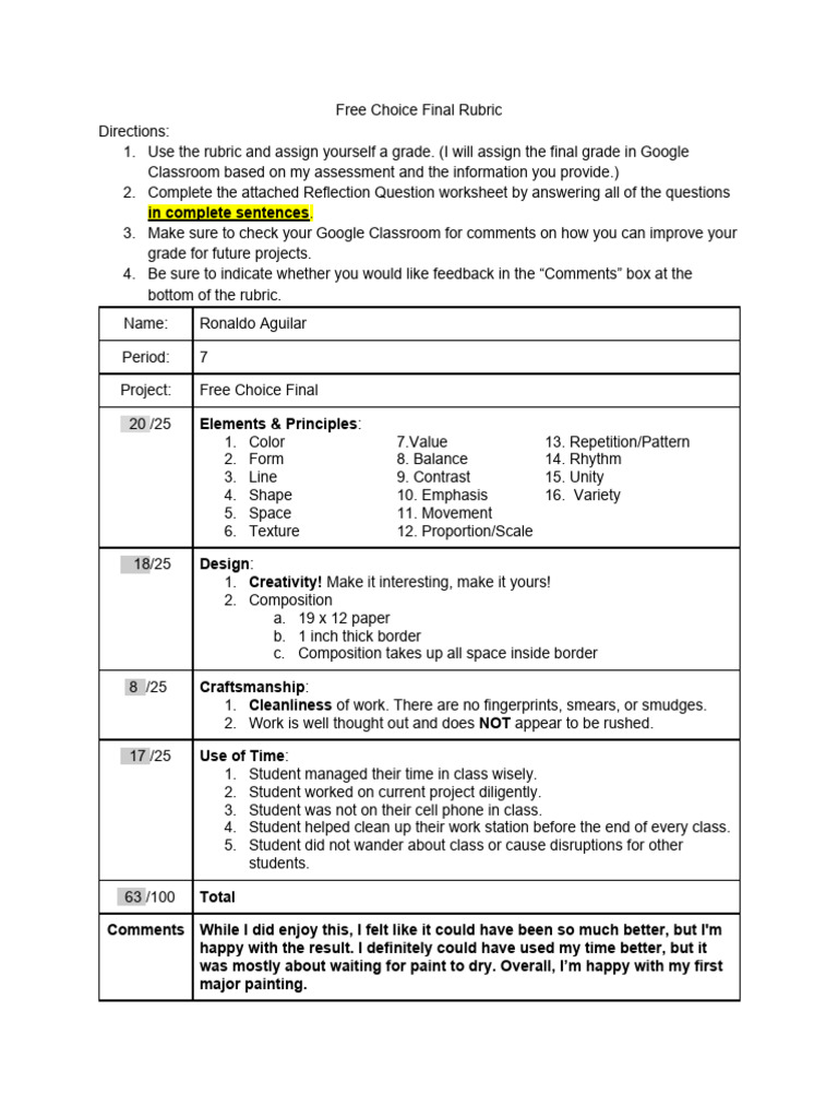 Free Choice Final Project Rubric | PDF | Art