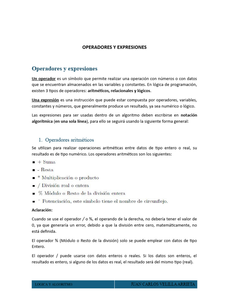 4-Operadores y Expresiones | PDF | Operador (Matemáticas) | Algoritmos