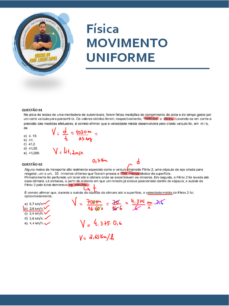 Estudo Dos Movimentos Lista Extra Movimento Uniforme | PDF