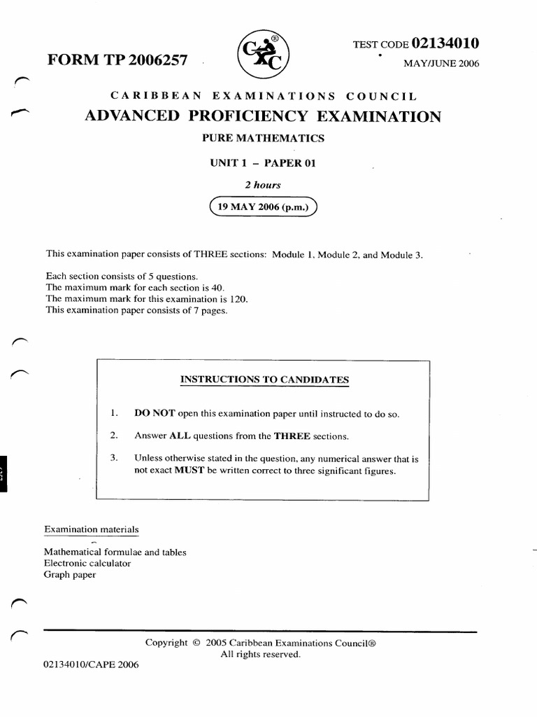Cape Pure 2006 Unit 1 Paper 1 | PDF