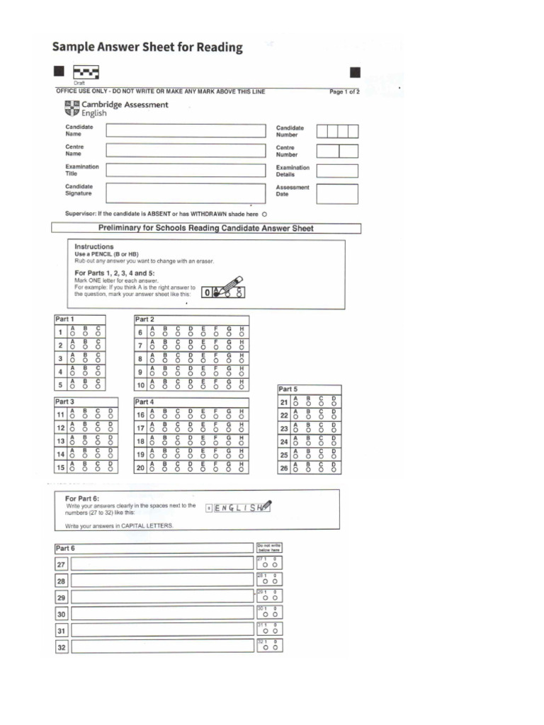 Reading Answer Sheet Pet 202 | PDF