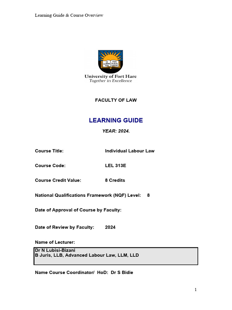 Learning Guide Individaul Labour Law 2024 LEL | PDF | Educational ...