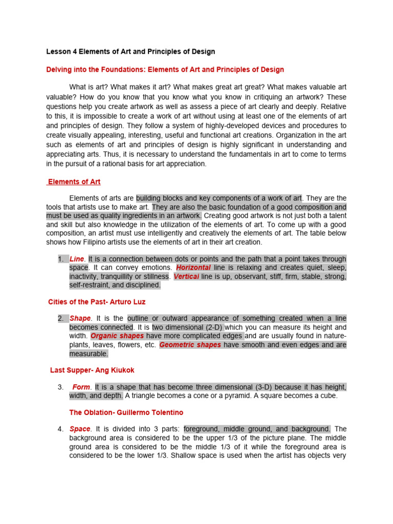 Lesson 4 Elements of Art and Principles of Design | PDF | Composition (Visual Arts) | Drawing