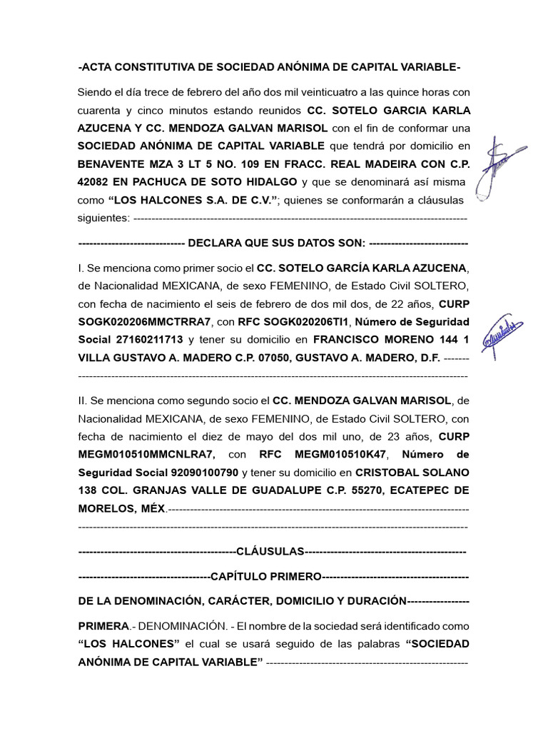 ACTA CONSTITUTIVA DE SOCIEDAD ANÓNIMA DE CAPITAL VARIABLE - Firmas | PDF | Sociedad de ...