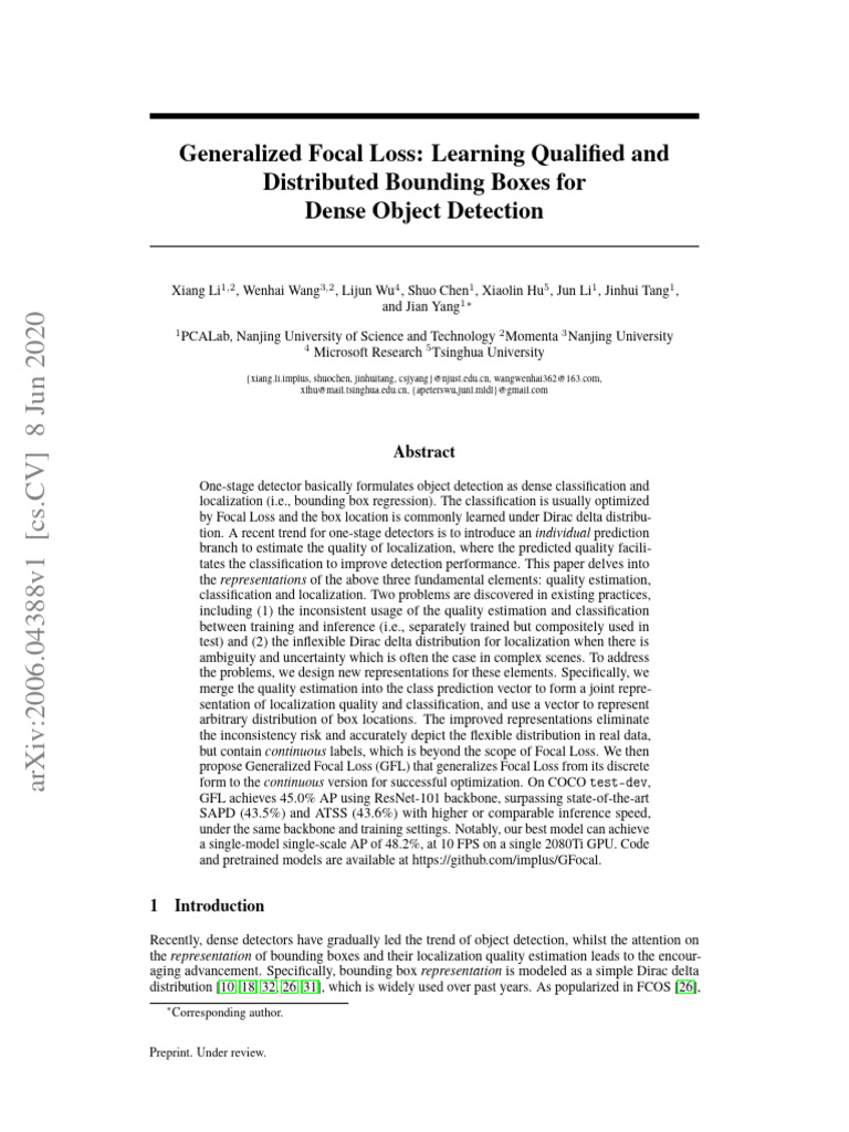 Generalized Focal Loss: Learning Qualified and Distributed Bounding Boxes For Dense Object ...