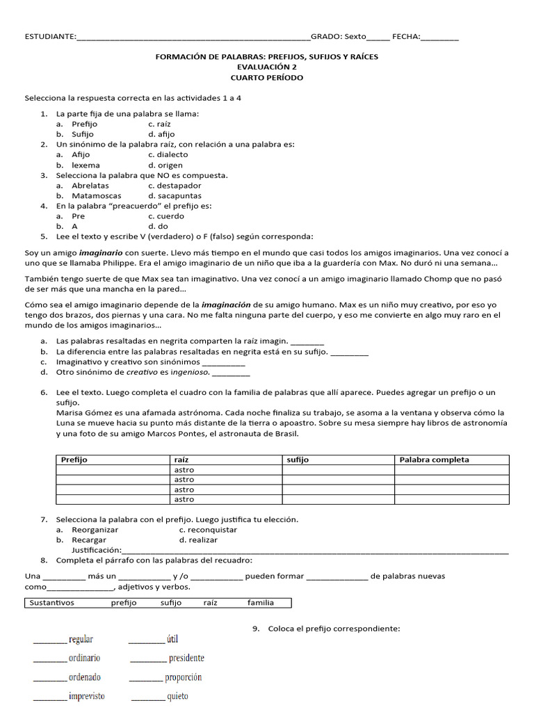 Evaluación de Prefijos y Sufijos | PDF | Gramática | Tipología Lingüística