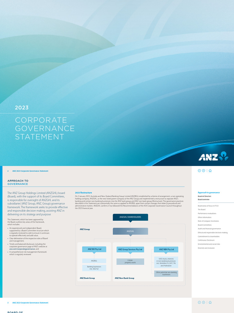 ANZ Corporate Governance Statement 2023 | PDF | Governance | Corporate ...