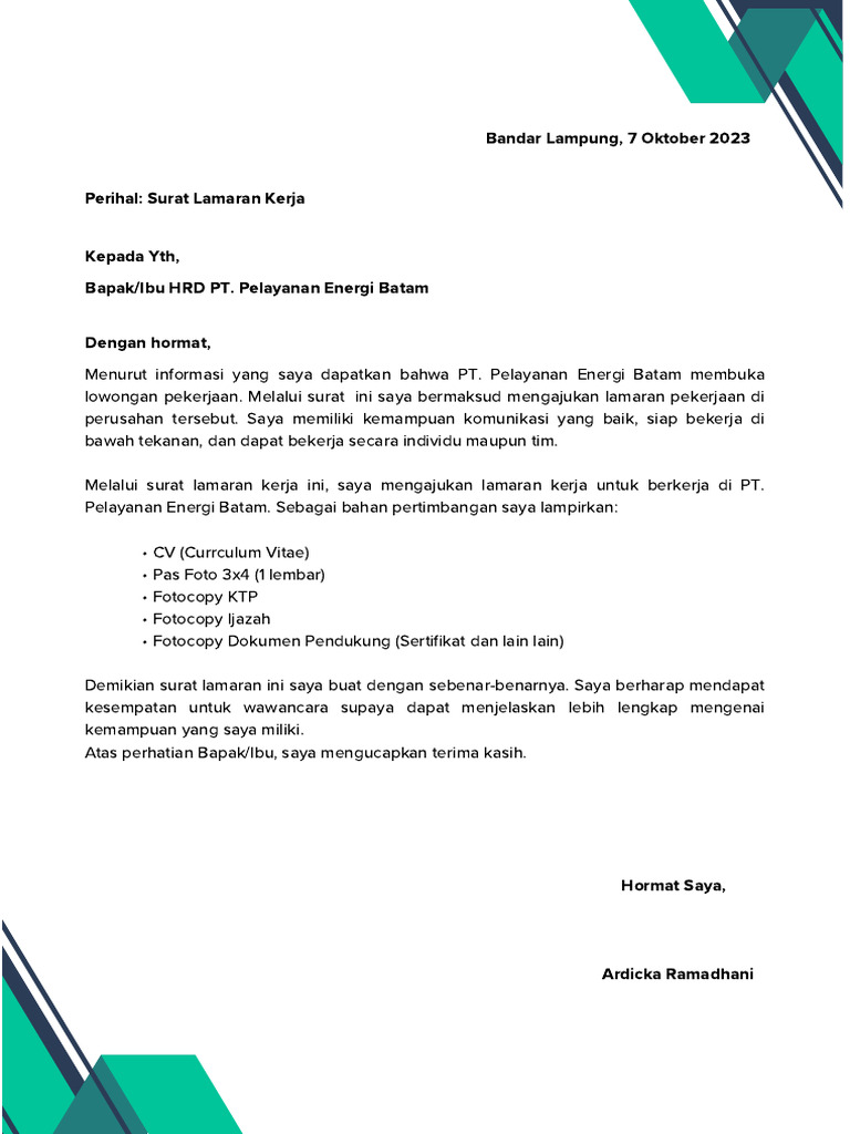 Surat Lamaran Kerja PT. Pelayanan Energi Batam | PDF | Karier ...