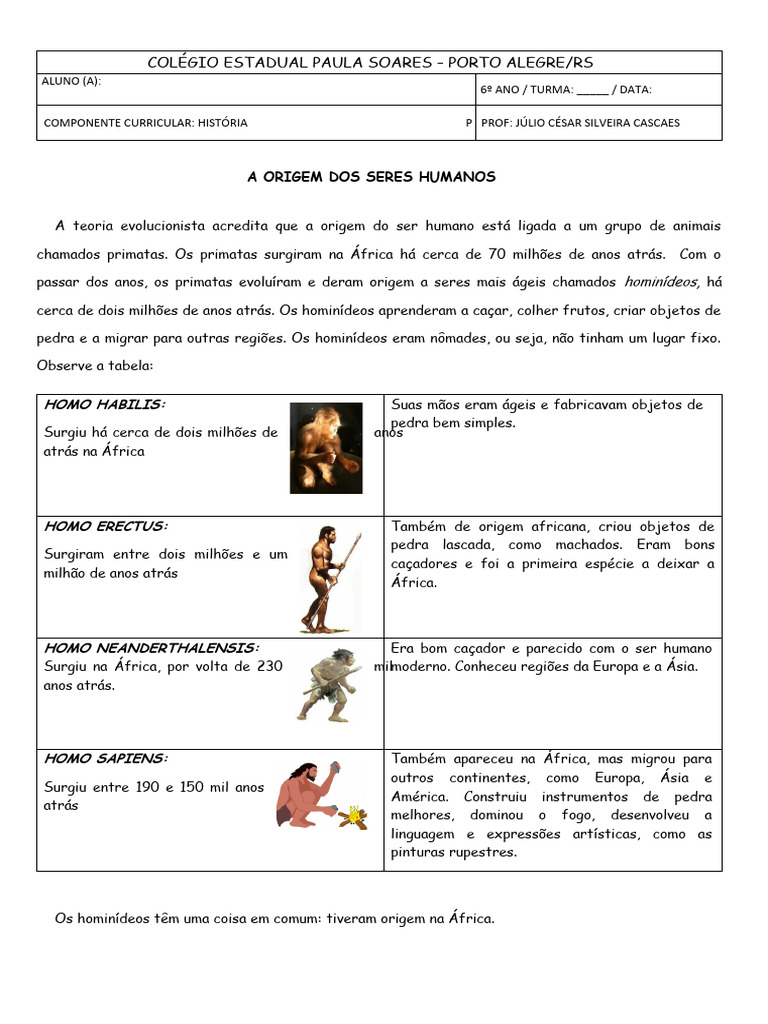 Prova História 6o ano - evolução humana | PDF | Homo | Humano