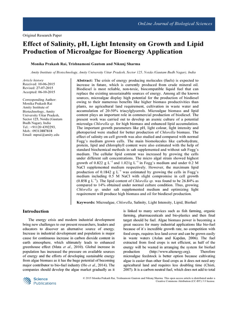 Effect of Salinity PH Light Intensity On Growth and Limpides in Microalgae | PDF | Algae Fuel