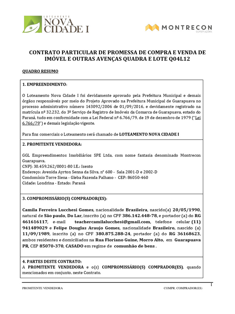 Loteamento Nova Cidade I Contrato de Compra e Venda Quadro Resumo Com ...