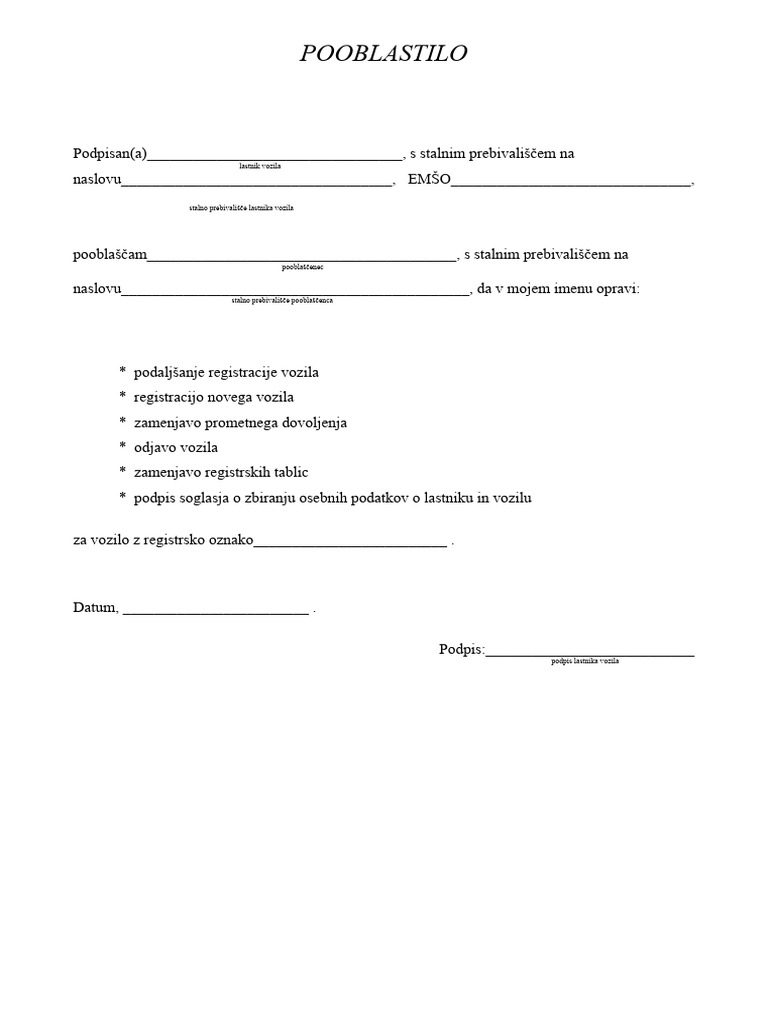 Pooblastilo Za Registracijo | PDF