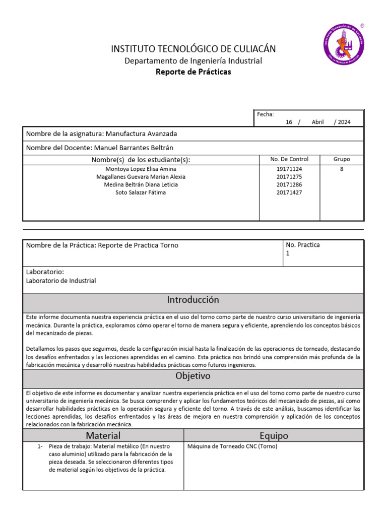 Reporte Practica Torno Eq.8 | PDF | Control numerico | Mecanizado