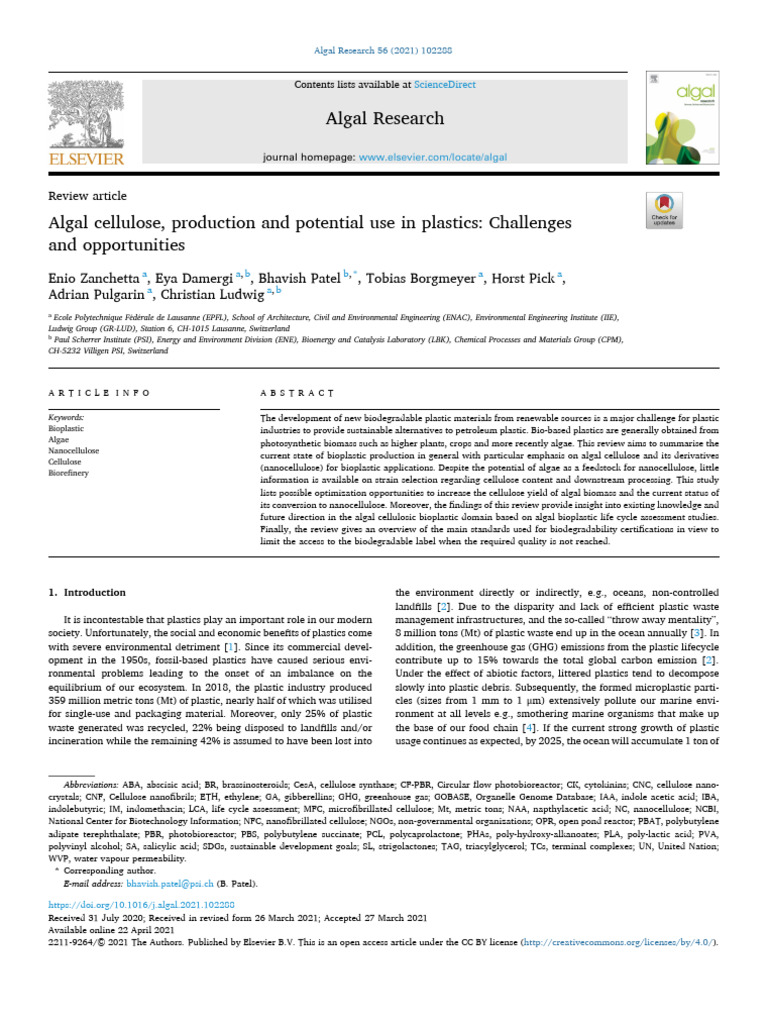 Algal Cellulose for Bioplastic Solutions | PDF | Cell Wall | Biopolymer