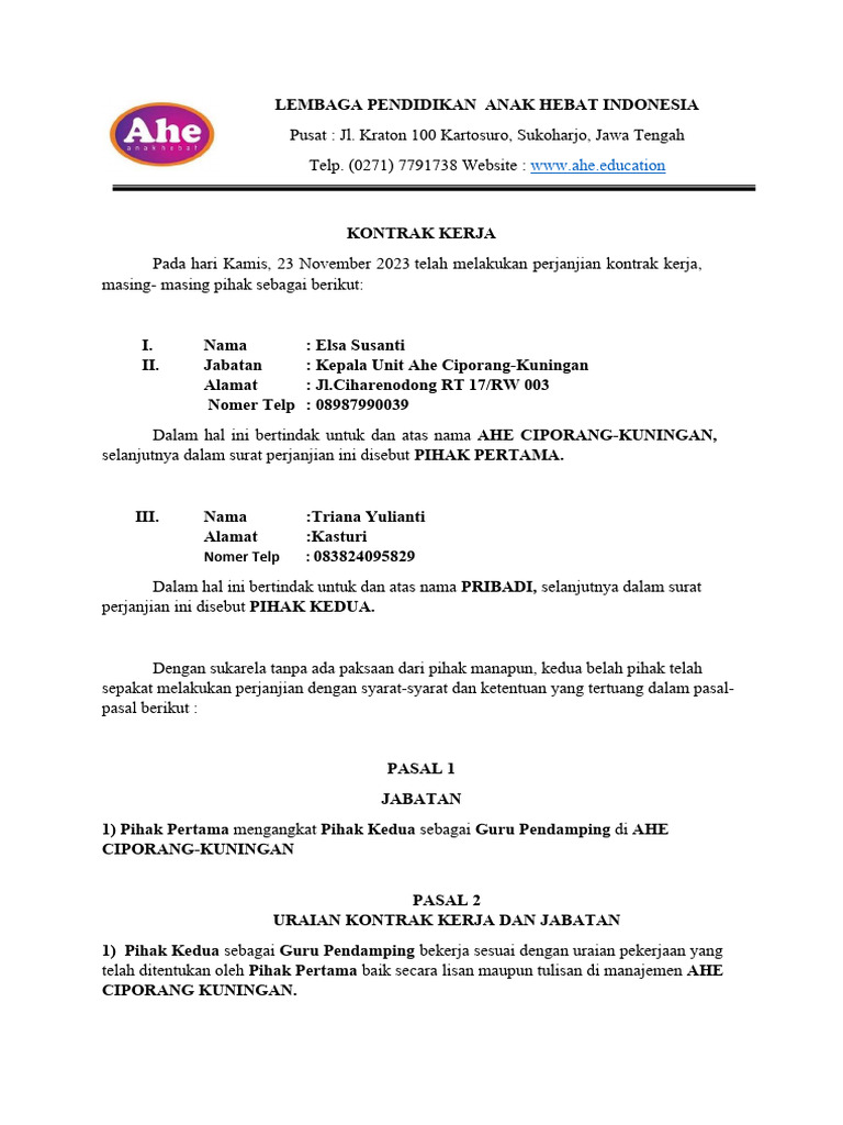 Kontrak Kerja Guru Ahe | PDF