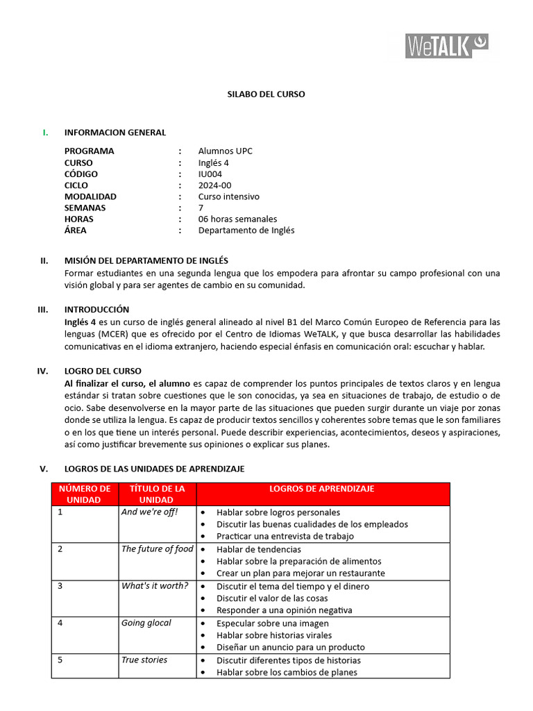 Silabo Curso Intensivo Inglés 4 B1 | PDF | Idioma en Inglés