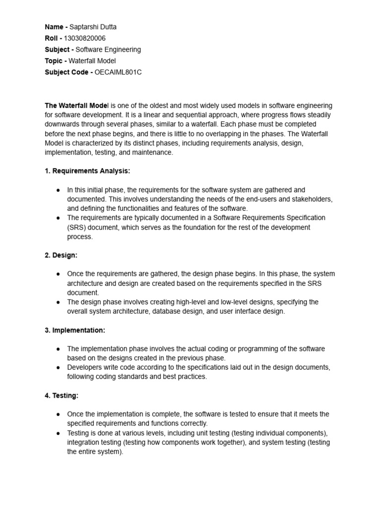 SoftwareEngg_CA4_Waterfall Model | PDF | Software Testing | Computer ...