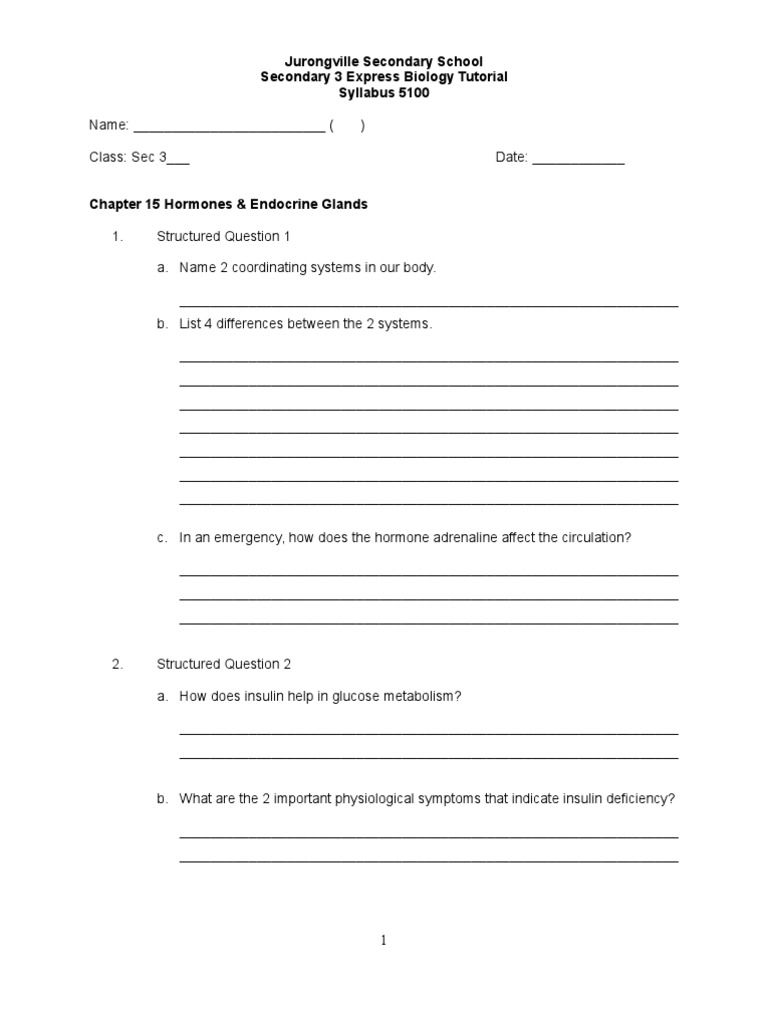 Chapter 15 Hormones & Endocrine Glands - Tutorial Worksheet | PDF