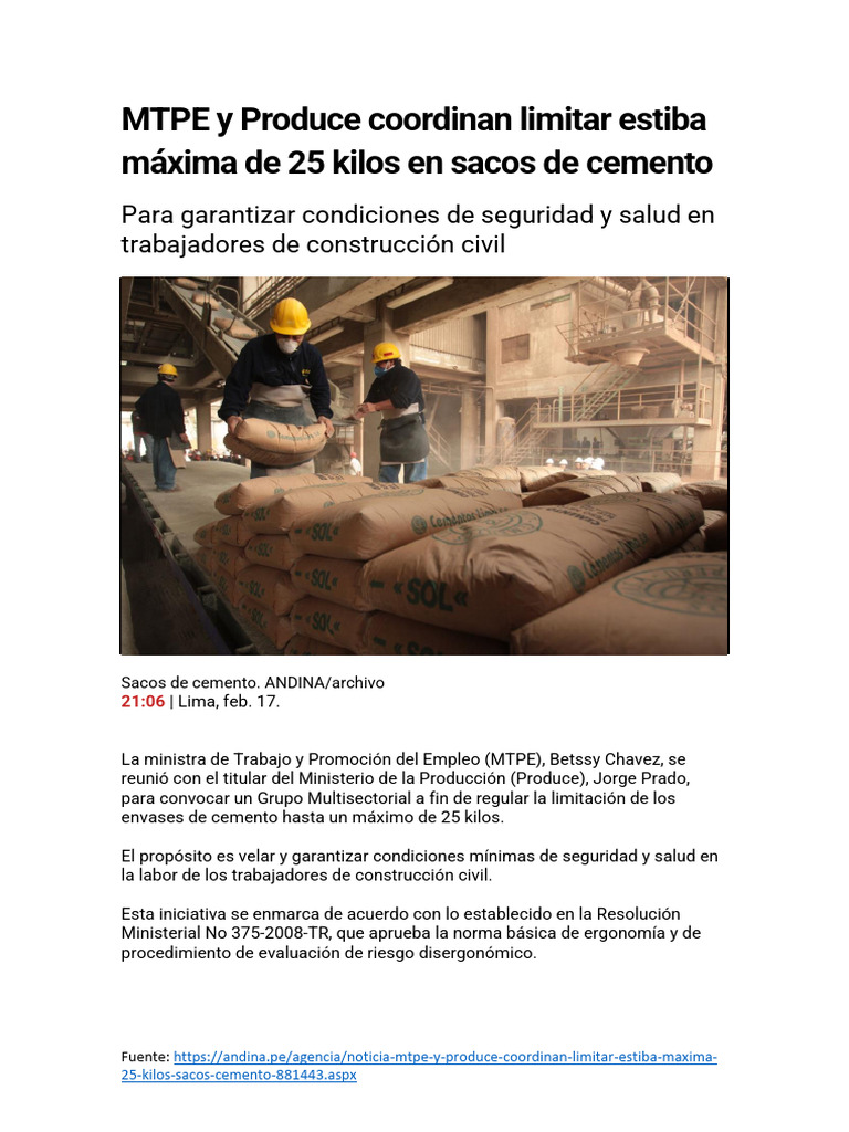MTPE y Produce coordinan limitar estiba máxima de 25 kilos en sacos de ...